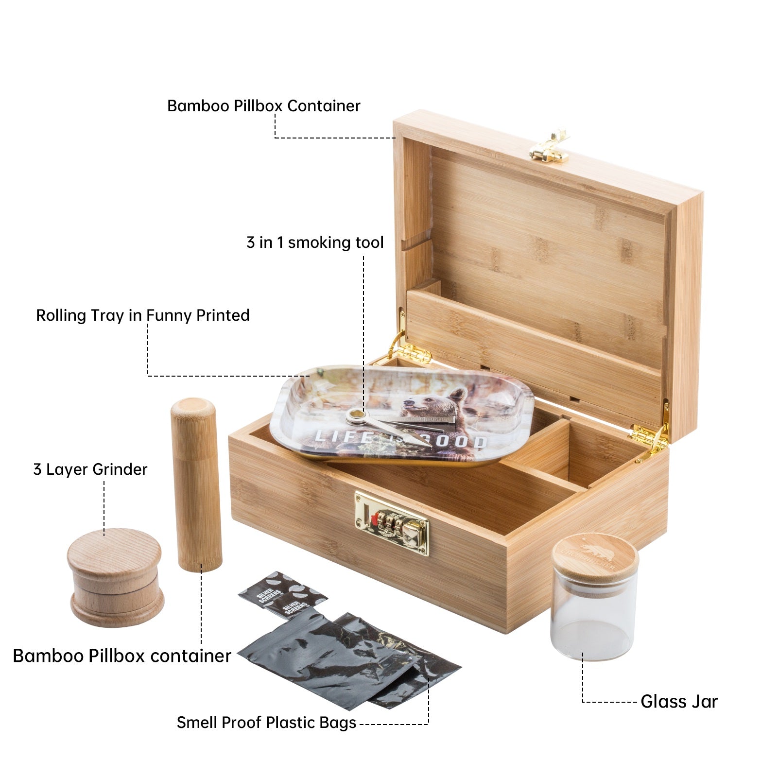 Bamboo Stash Box Combo w/ Quartz Enail Bundle Dab Kit - Puffing Bird