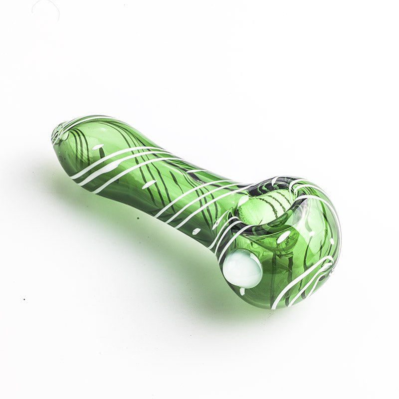 Green Glass Pipe w/ White Marble - Puffing Bird