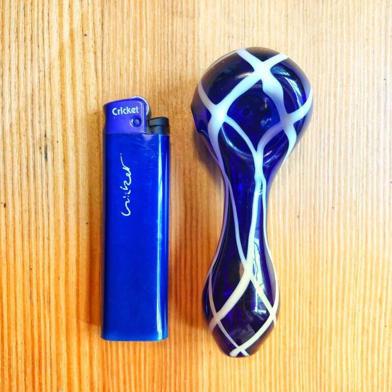 Handmade Blue Glass Pipe with White Stripes - Puffing Bird