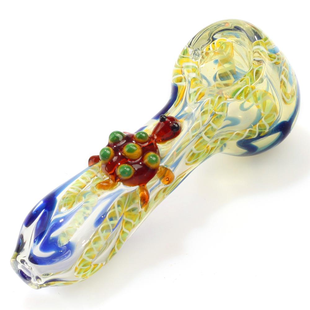 Swirled Fumed Glass Pipe w/ Glass Turtle - Puffing Bird