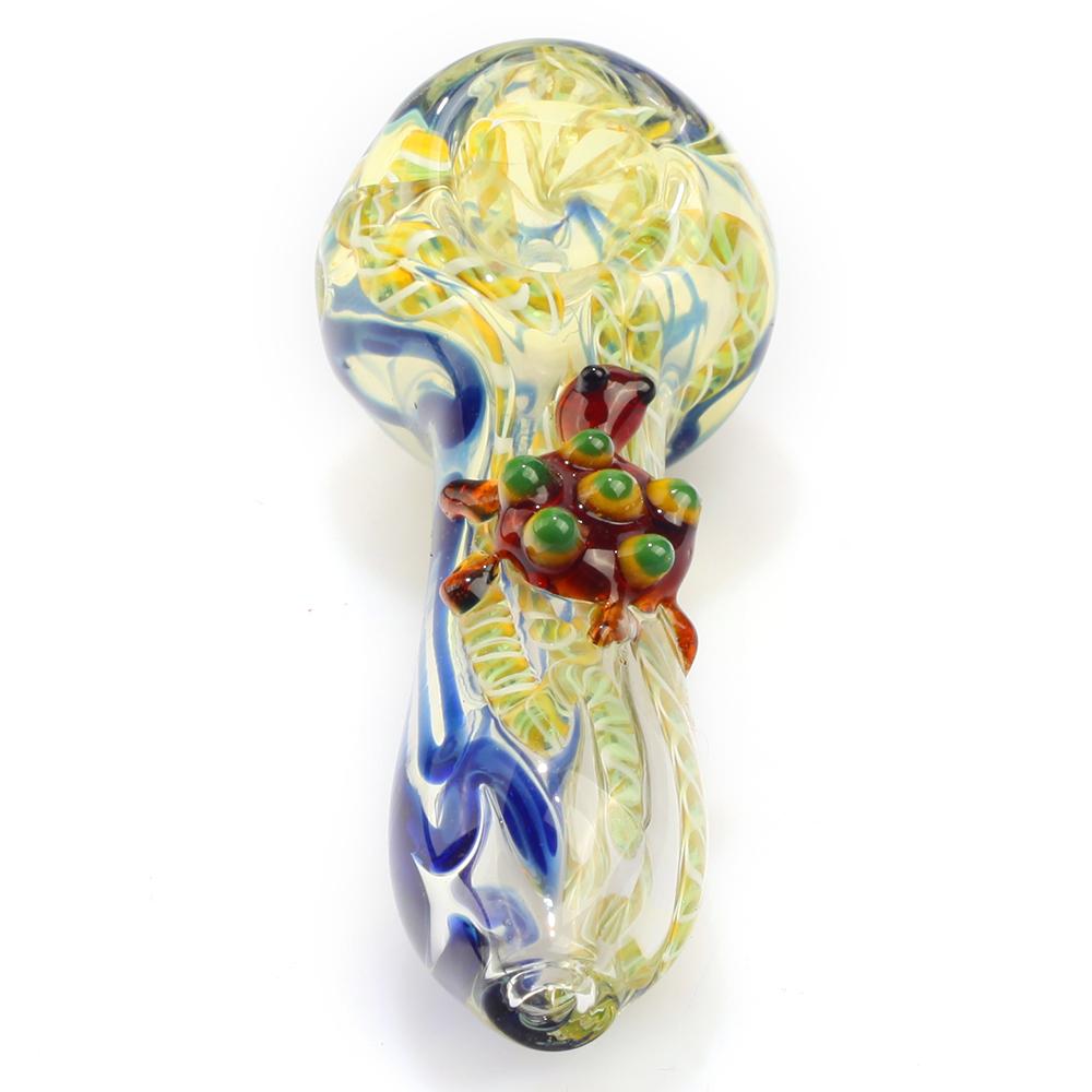 Swirled Fumed Glass Pipe w/ Glass Turtle - Puffing Bird