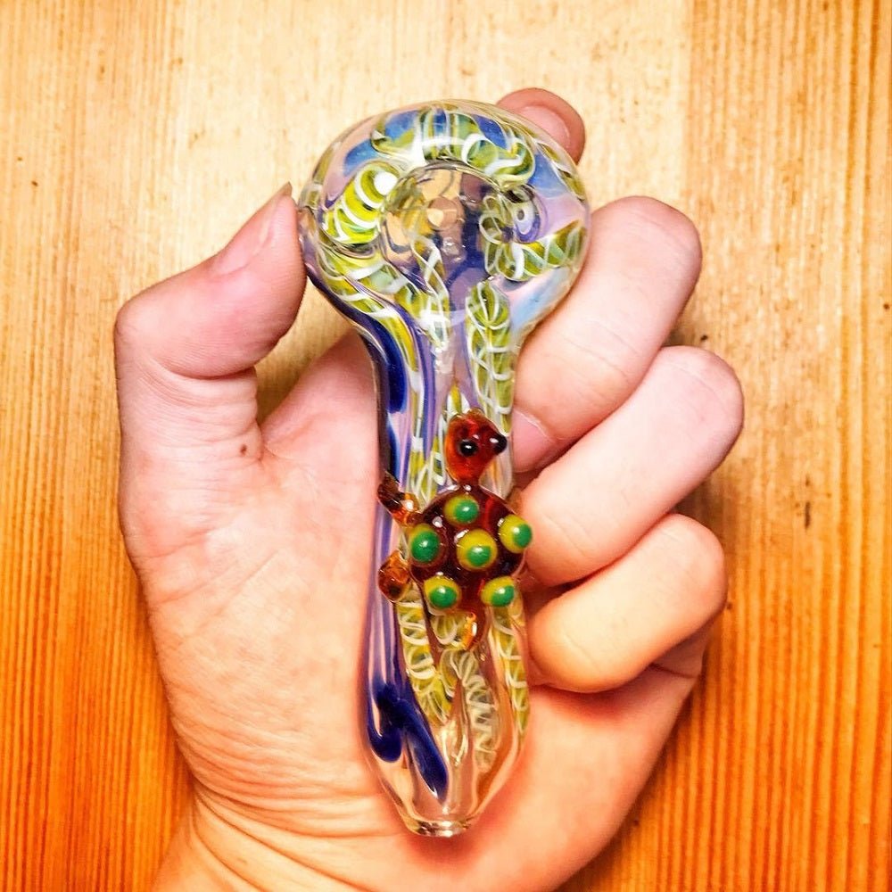 Swirled Fumed Glass Pipe w/ Glass Turtle - Puffing Bird