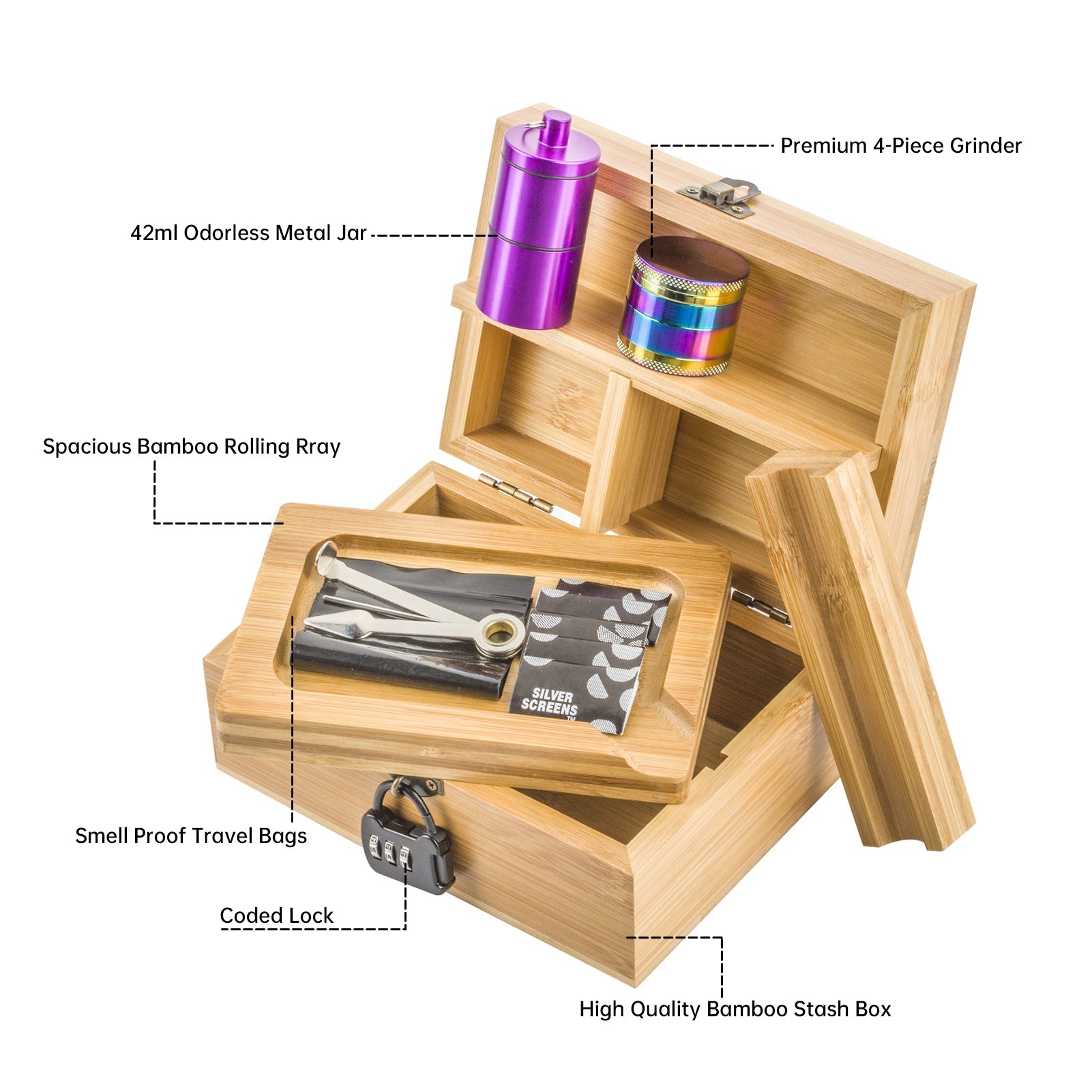 Wooden Stash Box Lock w/ Dab Rig Fumed Glass Pipe Set - Puffing Bird