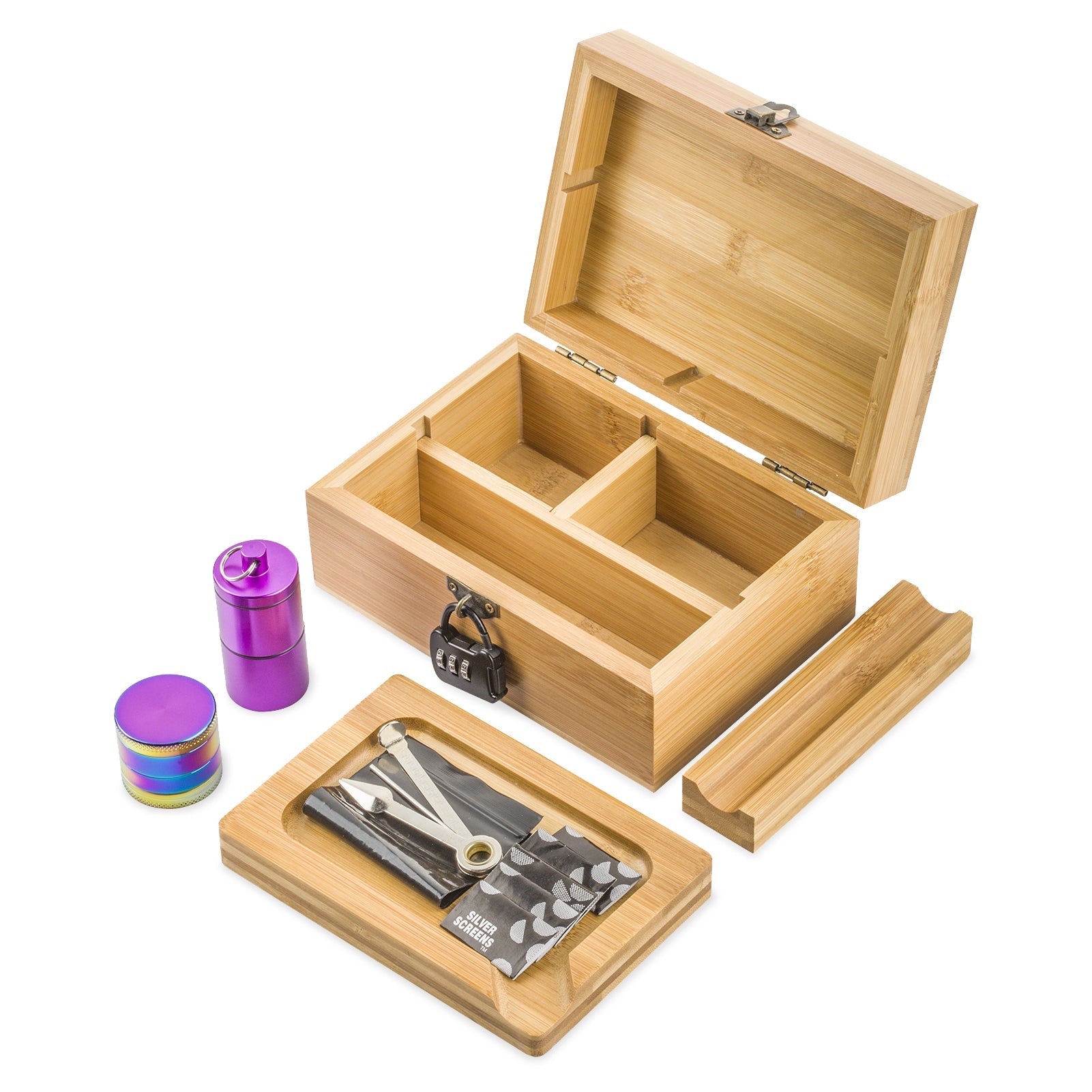 Wooden Stash Box Lock w/ Dab Rig Fumed Glass Pipe Set - Puffing Bird