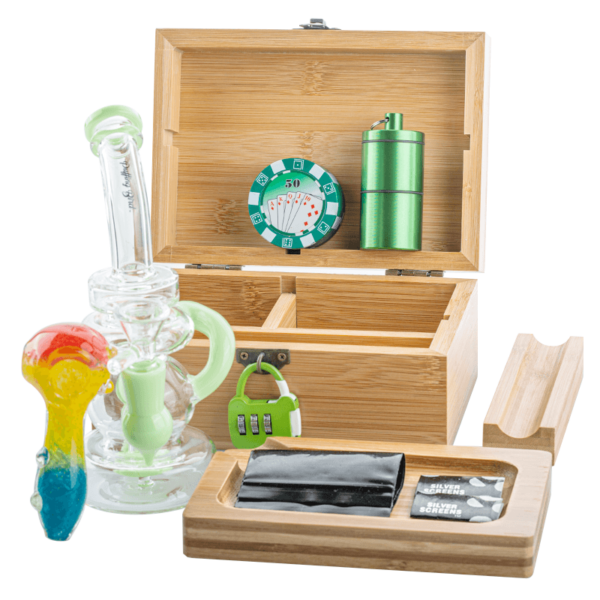 Wooden Stash Box Lock w/ Recycler Dab Rig Glass Pipe Set - Puffing Bird
