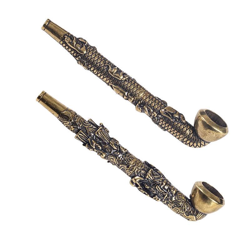 4.8" Brass Antique Smoking Pipe - Twelve Zodiac/Fu Lu Shou Relief ...